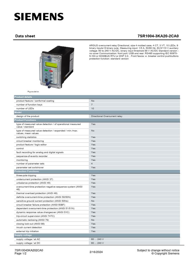 7SR10043KA202CA0 Datasheet en | PDF | Relay | Power Supply
