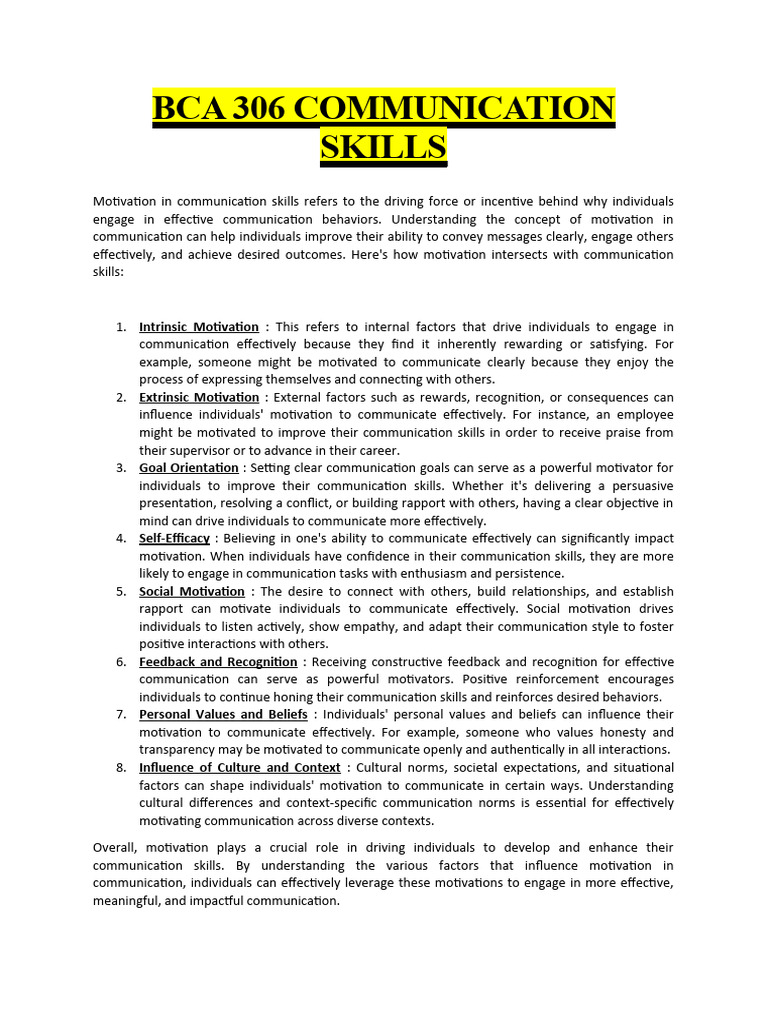 BCA 306 COMMUNICATION SKILLS | PDF | Communication | Motivational