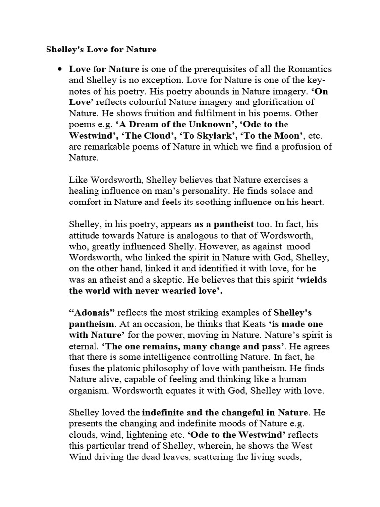 Shelley's Love For Nature | PDF | Pantheism | Percy Bysshe Shelley
