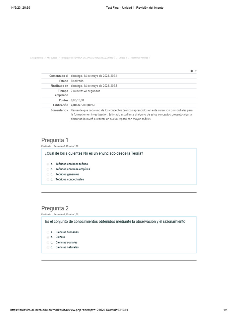 Test Final - Unidad 1 - Revisión Del Intento 2 | PDF | Teoría | Science