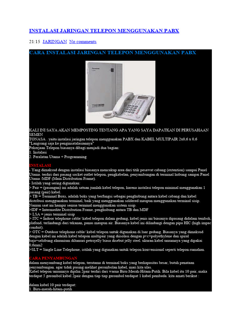 Instalasi Jaringan Telepon Menggunakan Pabx | PDF