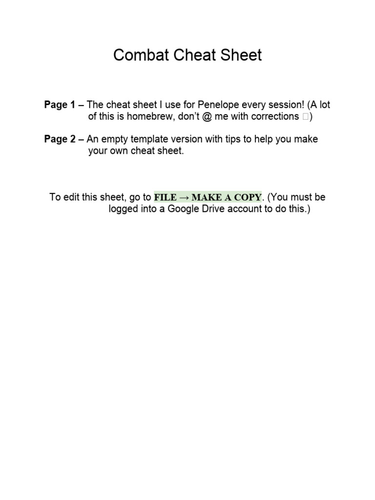 Penelope Combat Cheat Sheet | PDF
