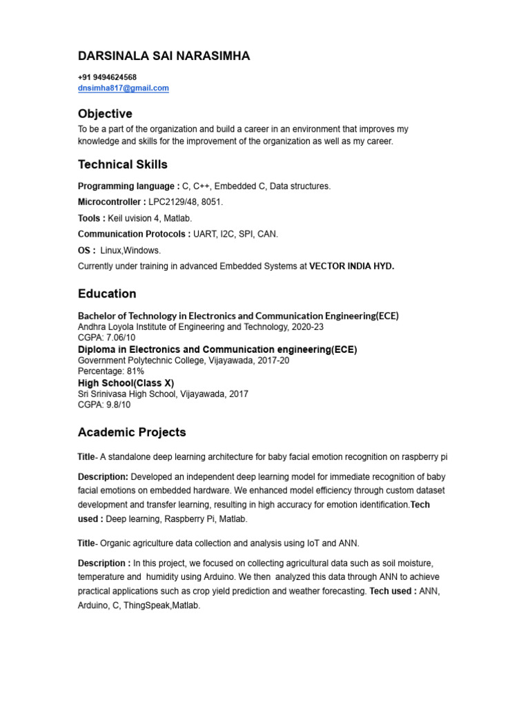 Darsinala Sai Narasimha: Bachelor of Technology in Electronics and ...
