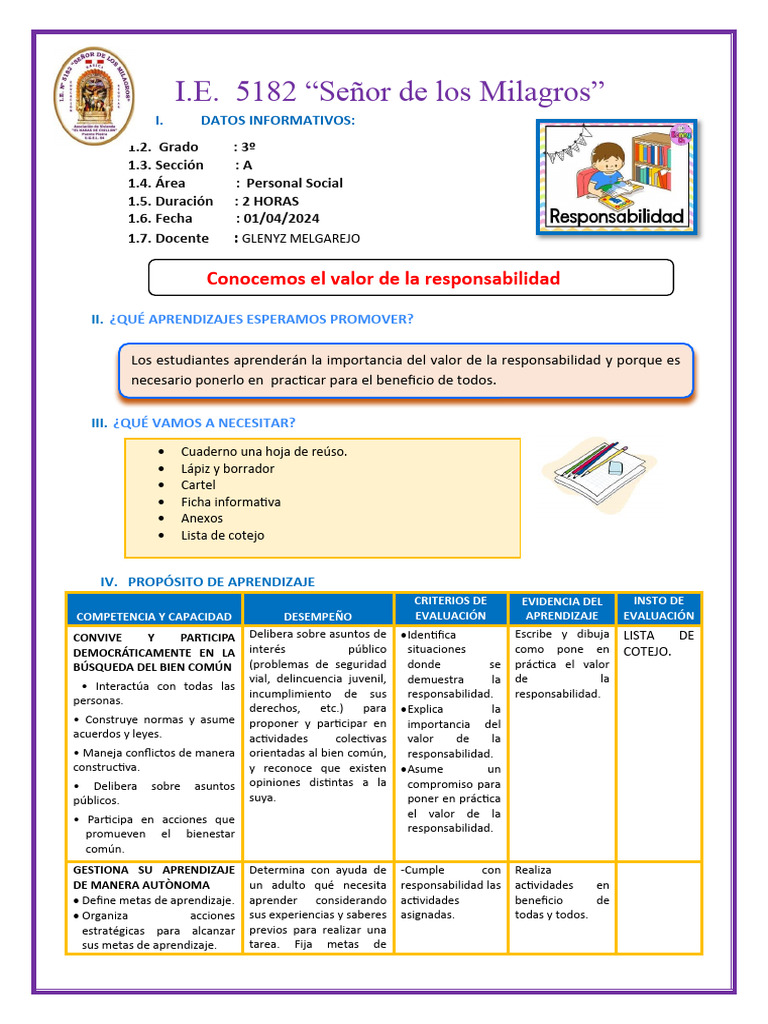 LUNES 1 DE ABRIL SESION PS. Conocemos El Valor de La Responsabilidad ...