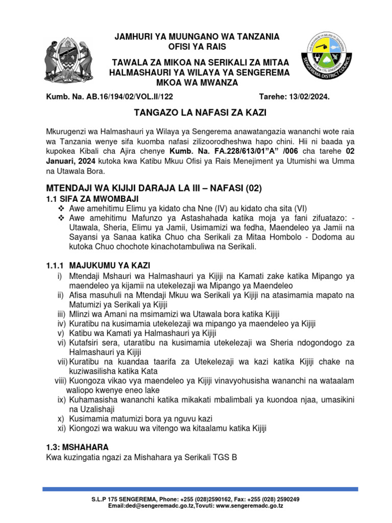 20241402351026tangazo La Kazi Ya Mtendaji Wa Kijiji Na Msaidizi Wa Kumbukumbu 2024 | PDF