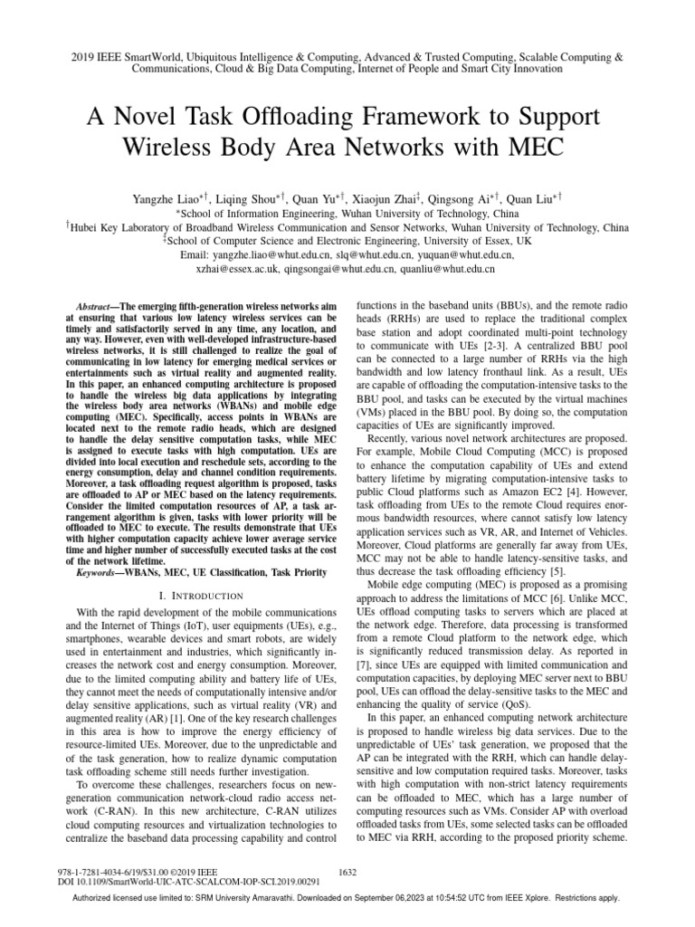 A Novel Task Offloading Framework To Support Wireless Body Area Networks With MEC | PDF ...
