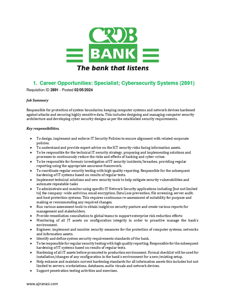CRDB Bank Cybersecurity Specialist Roles | PDF | Security | Computer ...