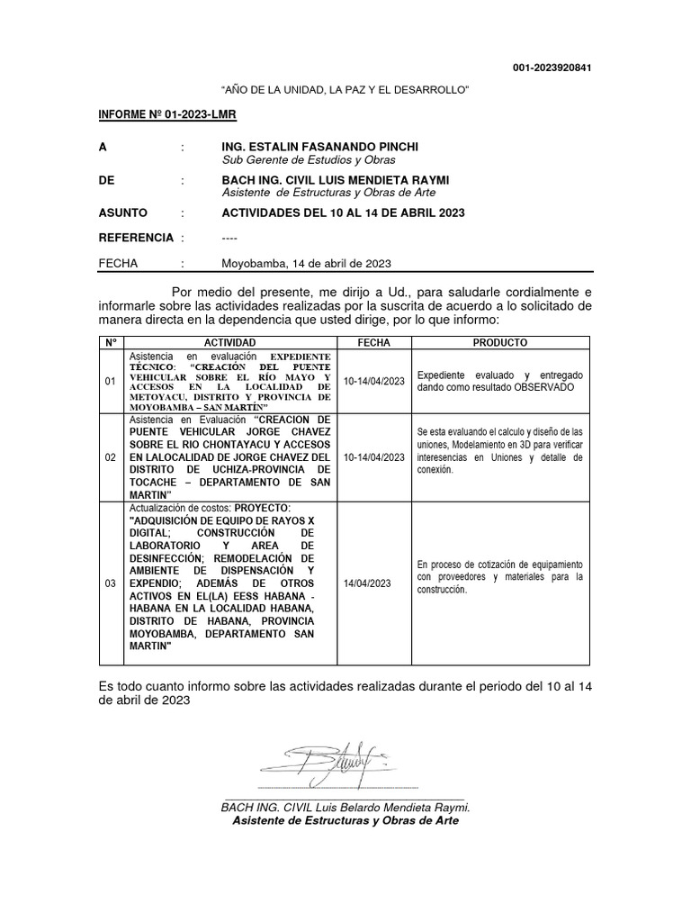 Informe de Actividades de Obras 10-14 Abr | PDF