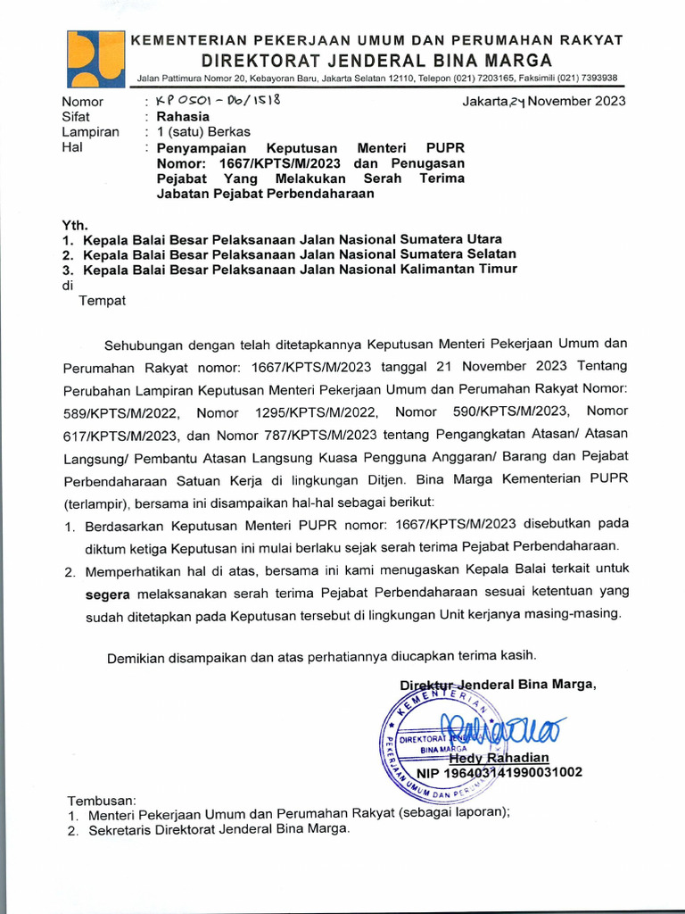 Penyampaian Keputusan Menteri PUPR Nomor 1667 KPTS M 2023 Dan Penugasan Pejabat Yang Melakukan ...