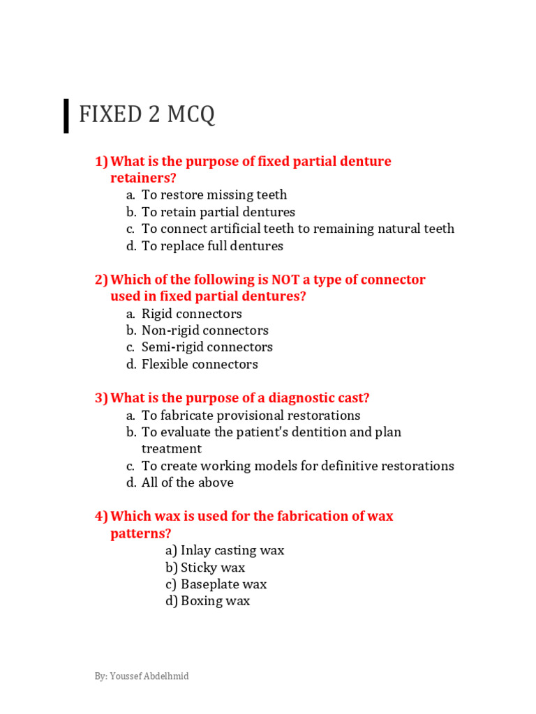 Fixed MCQ | PDF | Dentistry | Mouth