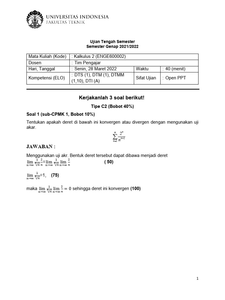 2022 - UTS Kalkulus 2 & Jawaban | PDF