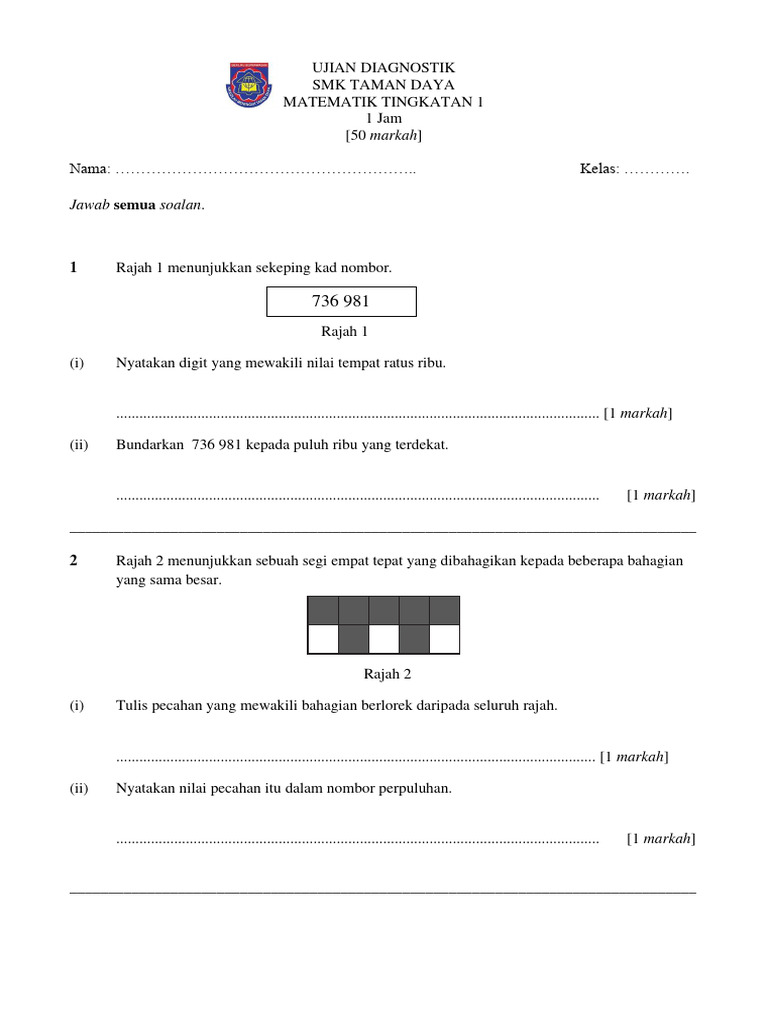 UJIAN DIAGNOSTIK MATEMATIK TINGKATAN 1 | PDF