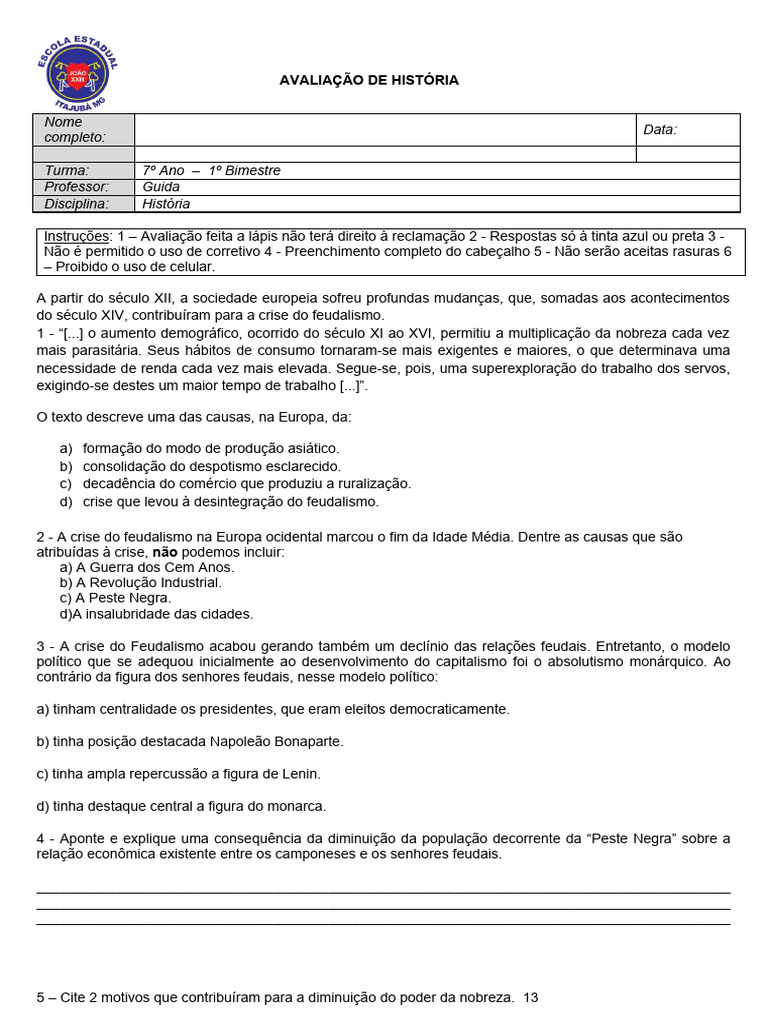 Prova de História - 7º Ano - Crise Do Feudalismo - 1º Bimestre 2024 | Download grátis PDF ...