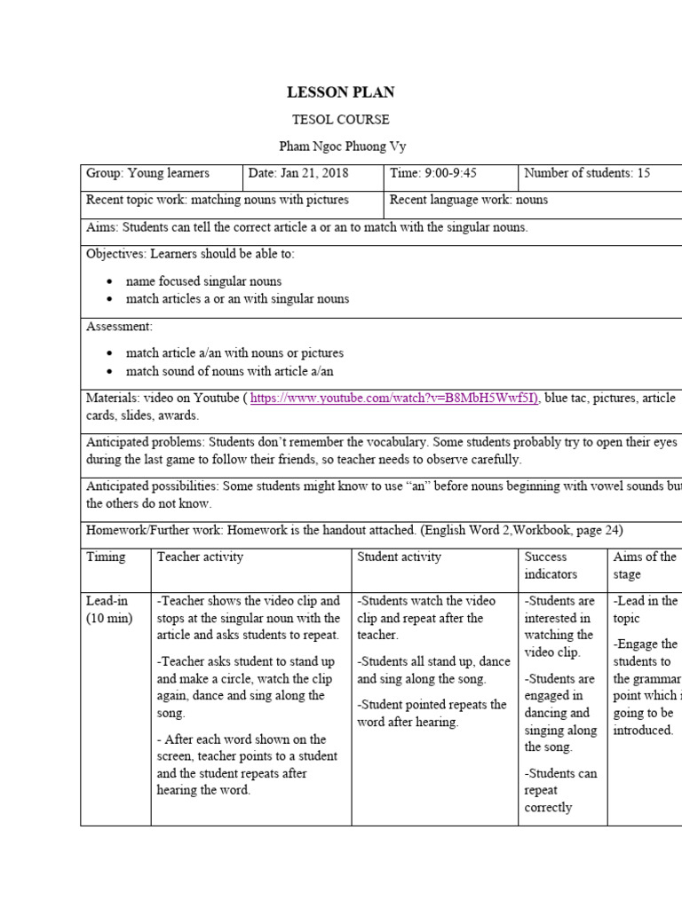 Lesson Plan - TESOL | PDF | Grammatical Number | Noun Lesson Plan - TESOL | PDF | Grammatical Number | Noun