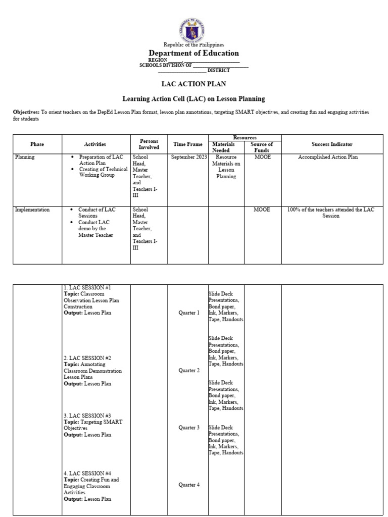 LAC Action Plan for Lesson Planning | PDF | Lesson Plan | Teachers