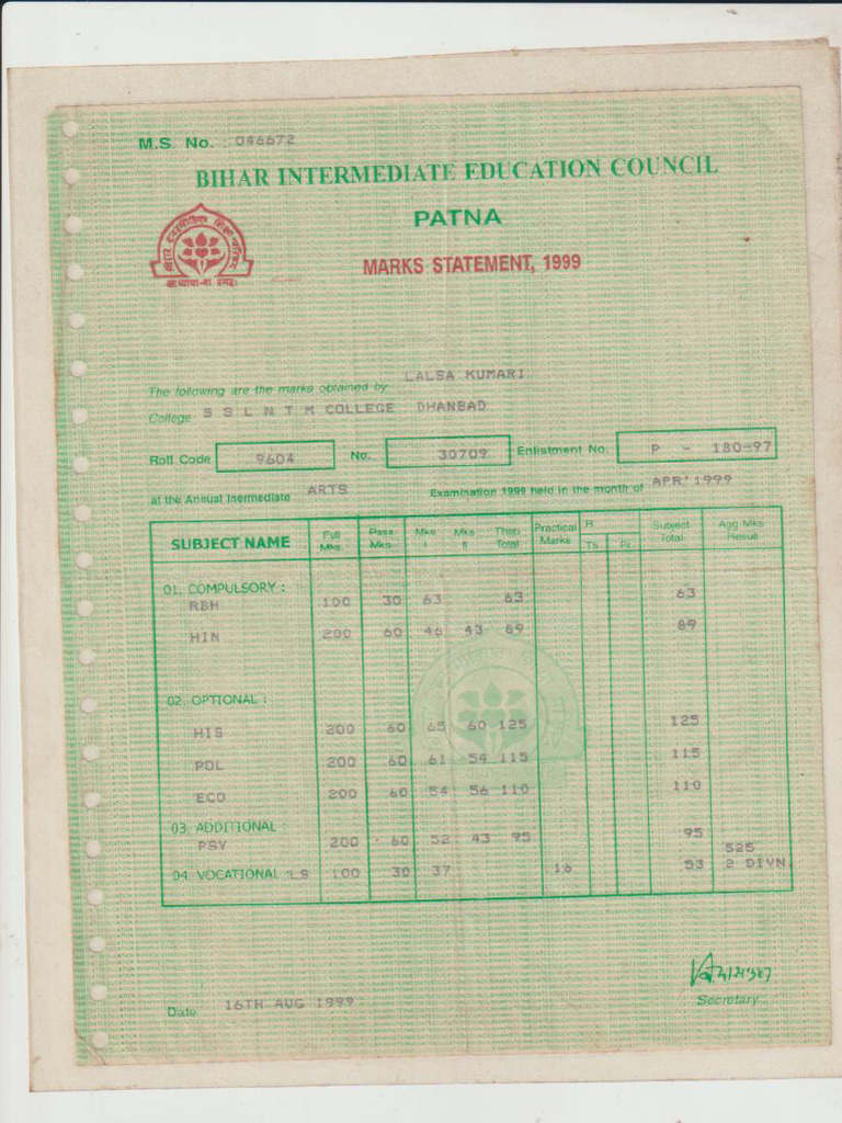 12 Marksheet Bihar | PDF