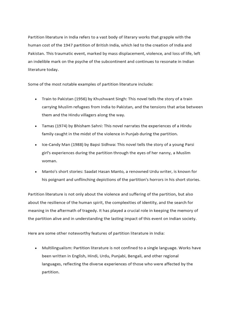Partition Literature in India Refers To A Vast Body of Literary Works ...