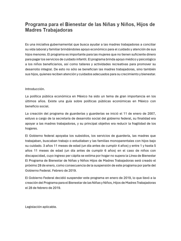 Programa para El Bienestar de Las Niñas y Niños | PDF | Cuidado de los ...