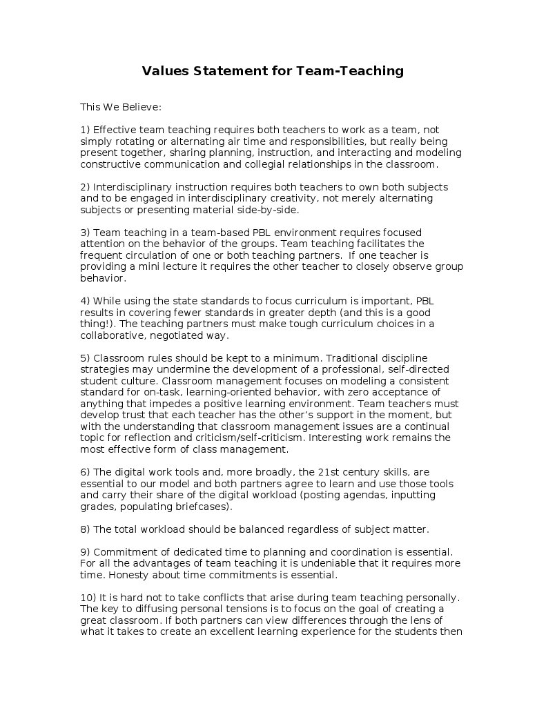 Team-Teaching Values Statement | PDF | Classroom Management | Teachers