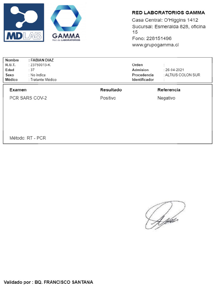Resultado PCR Positivo FABIAN DIAZ | PDF