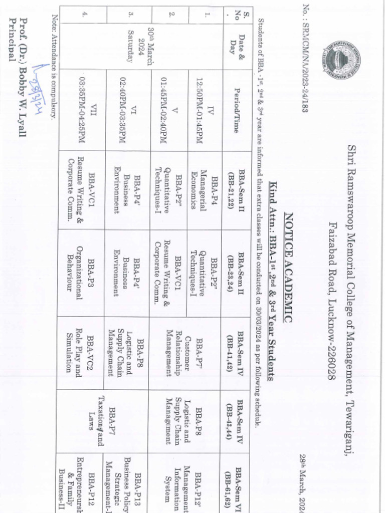 Notice Extra Classes BBA | PDF
