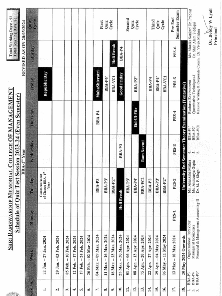 Revised Quiz Schedle BBA 1st, 2nd & 3rd Year | PDF