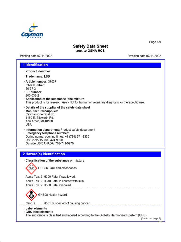 LSD Safety Data Sheet (SDS) | PDF | Dangerous Goods | Working Conditions