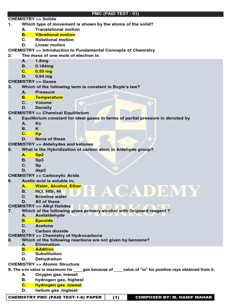PMC Chemistry Paid Test Overview | PDF | Chemistry | Chemical Reactions