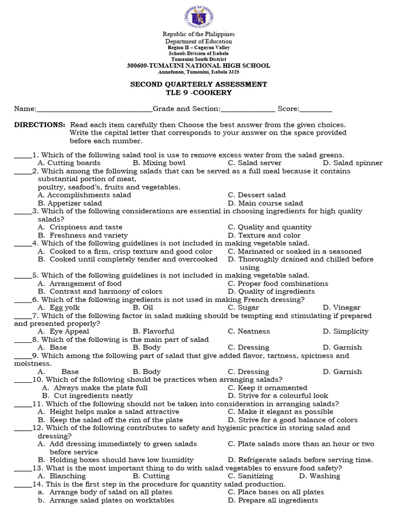 G9-Cookery 2nd Quarter Exam | PDF | Salad | Emulsion
