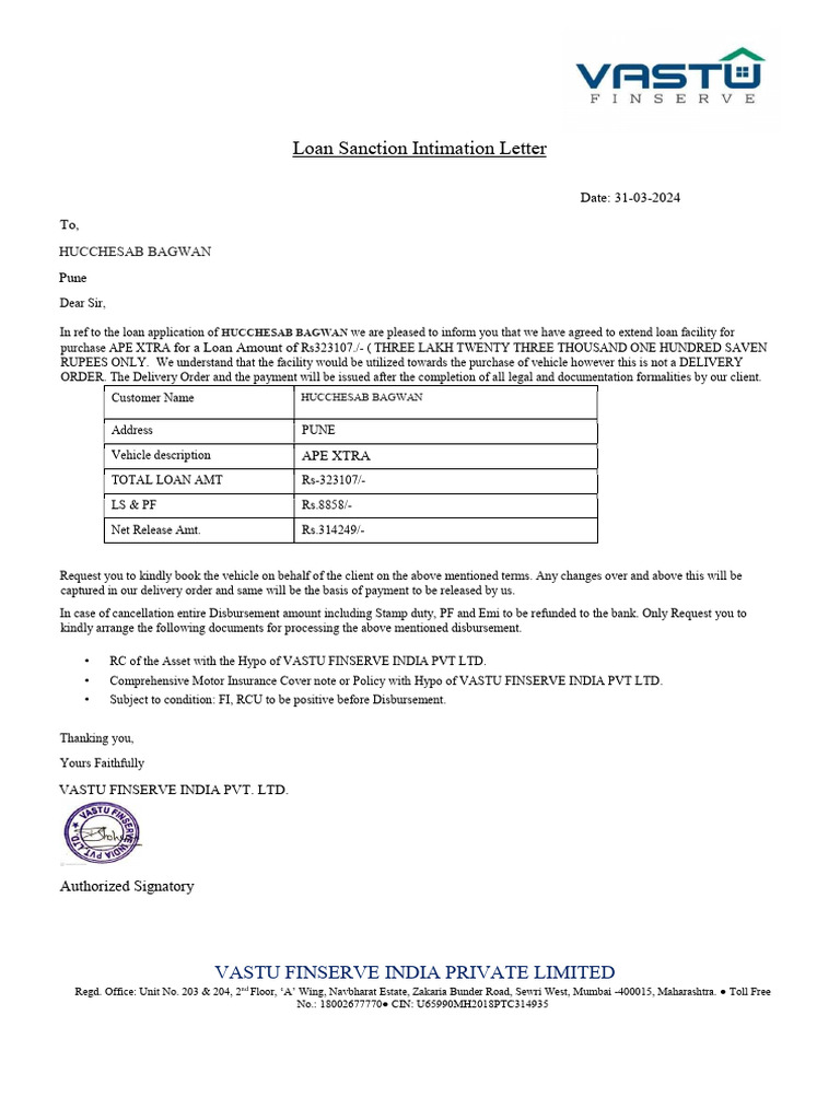 Loan Sanction Letter for APE XTRA Vehicle | PDF | Business | Law