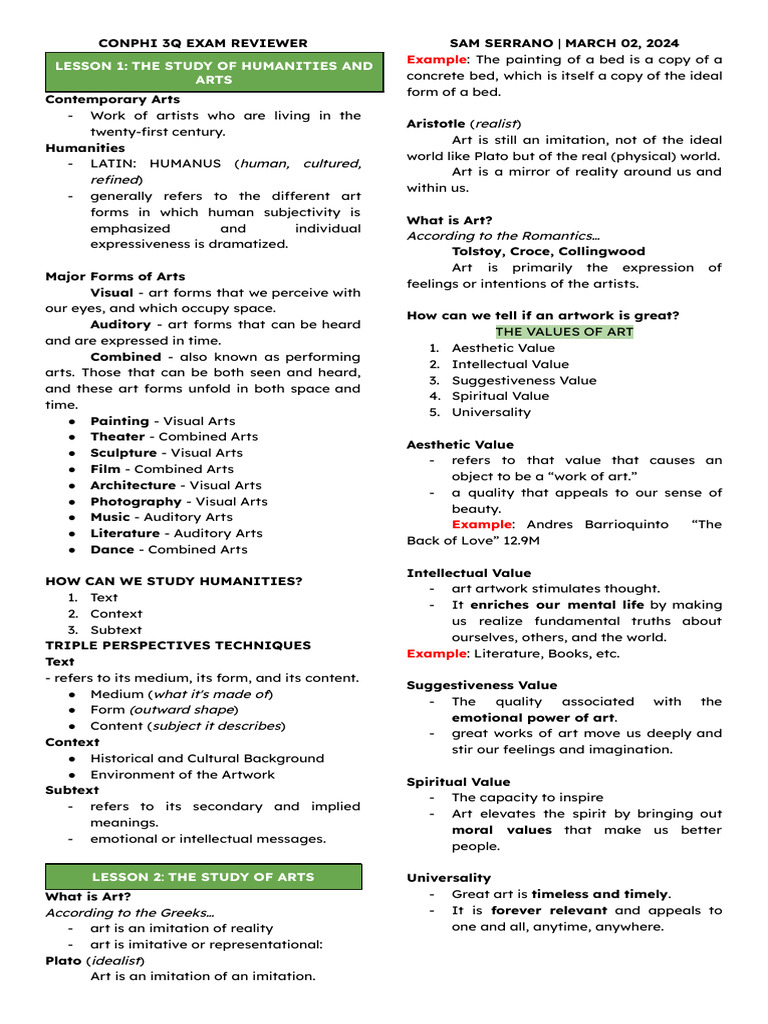 CONPHI 3Q Exam Reviewer | PDF | Aesthetics | The Arts