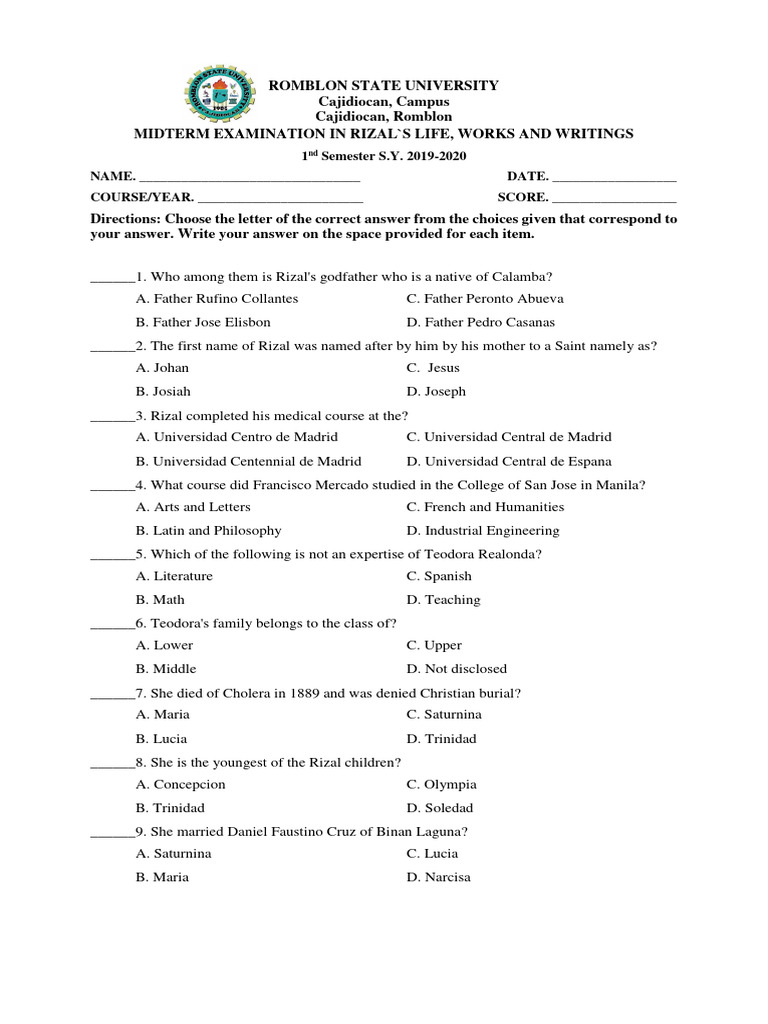 Toaz - Info Rizal Midterm Examdocx PR | PDF | Manila | Philippines