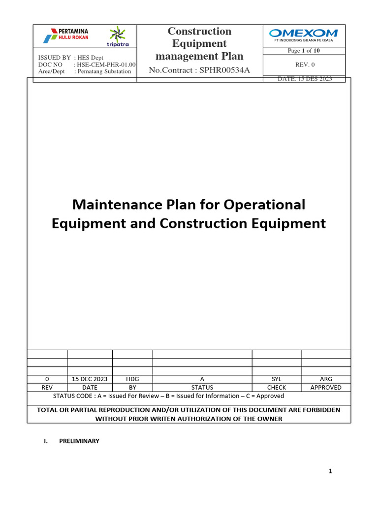Maintenance Plan For Operational Equipment and Construction Equipment | PDF