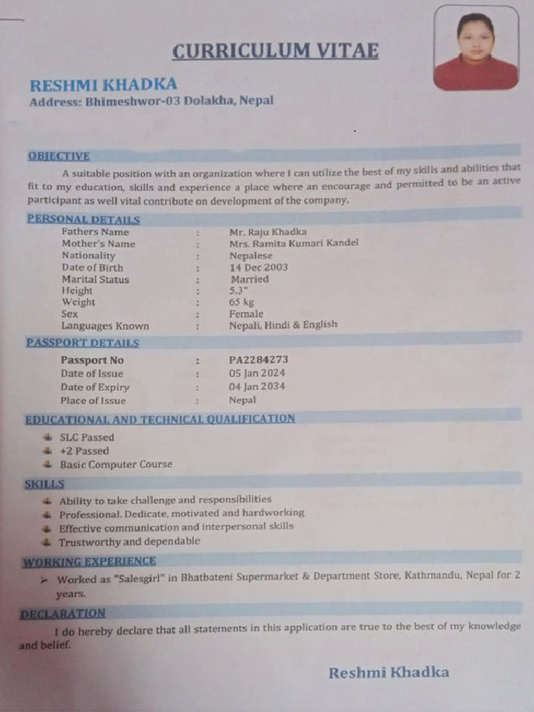 Reshmi Khadka-Sales Girl | PDF