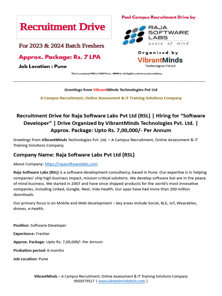 RajaSoftware Drive 7 LPA VibrantMinds | PDF | Computer Programming | Recruitment