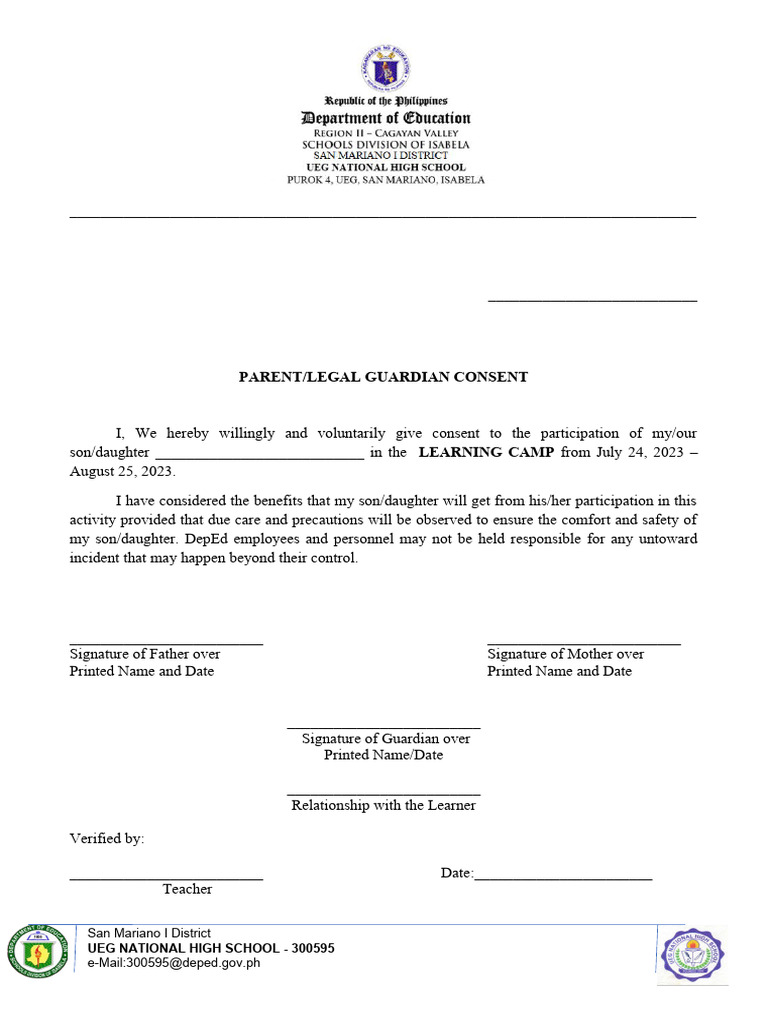 Parent Consent for Learning Camp 2023 | PDF