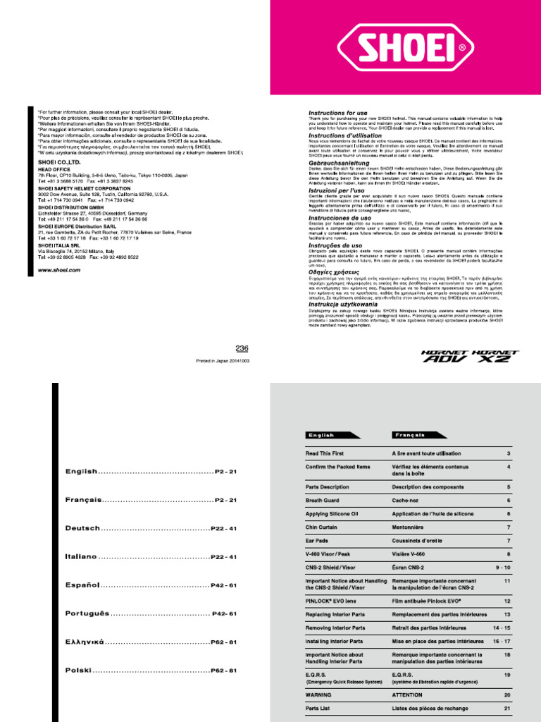 Shoei Hornet ADV Manual | PDF