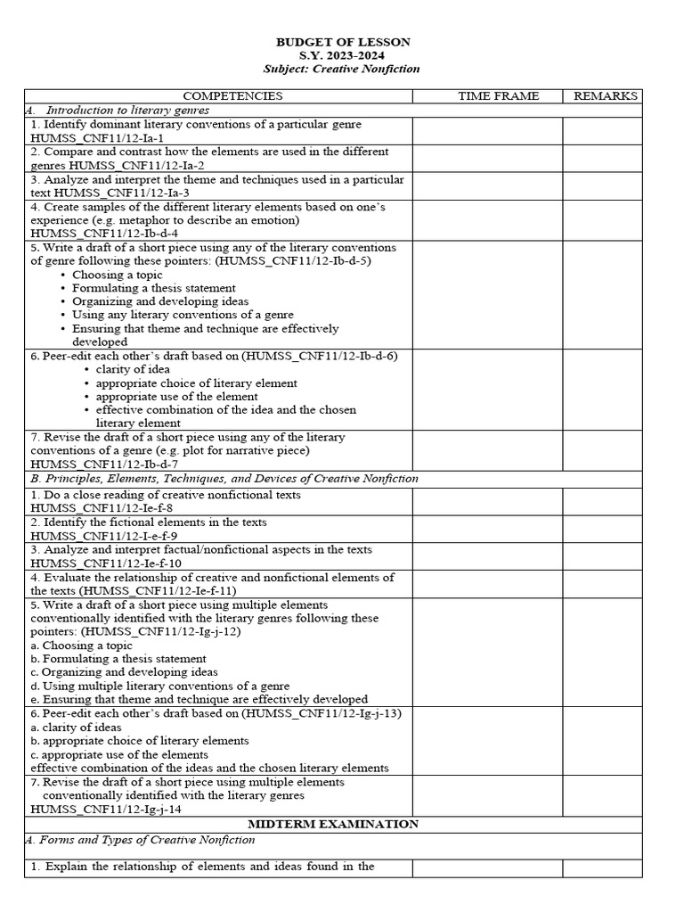 Budget of Lesson For Creative Nonfiction PDF Free | PDF | Creative ...