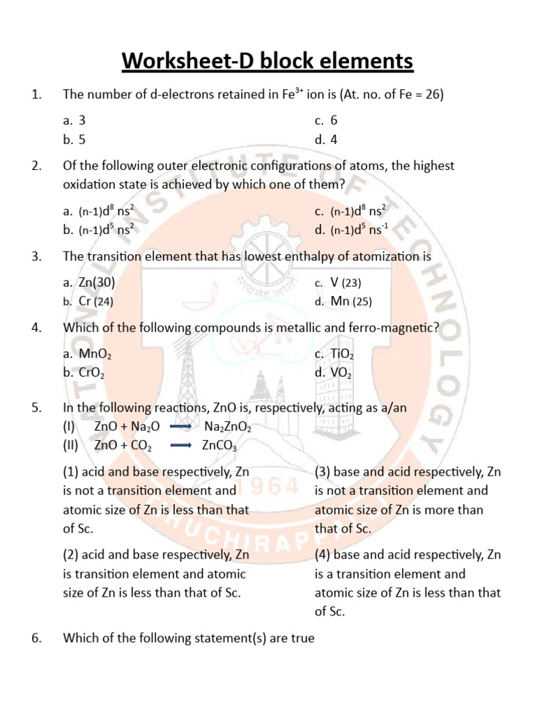 Worksheet-D Block Elements: (n-1) (n-1) (n-1) (n-1) | Download Free PDF | Transition Metals ...