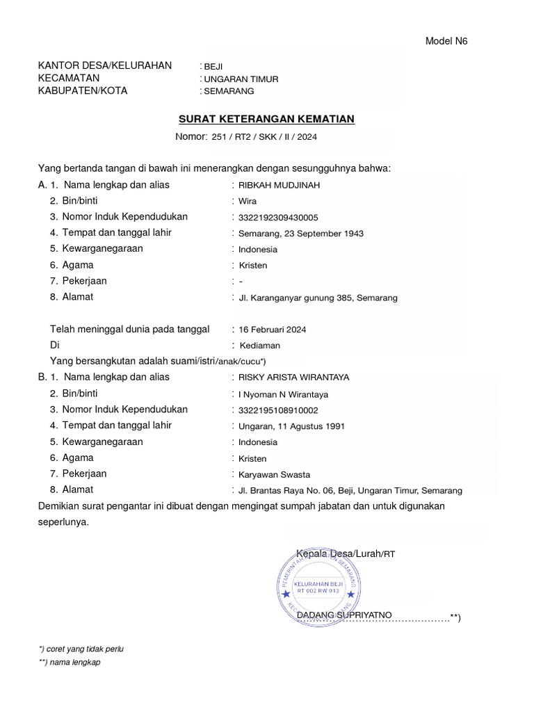 Blangko Model N6 S. Ket. Kematian | PDF