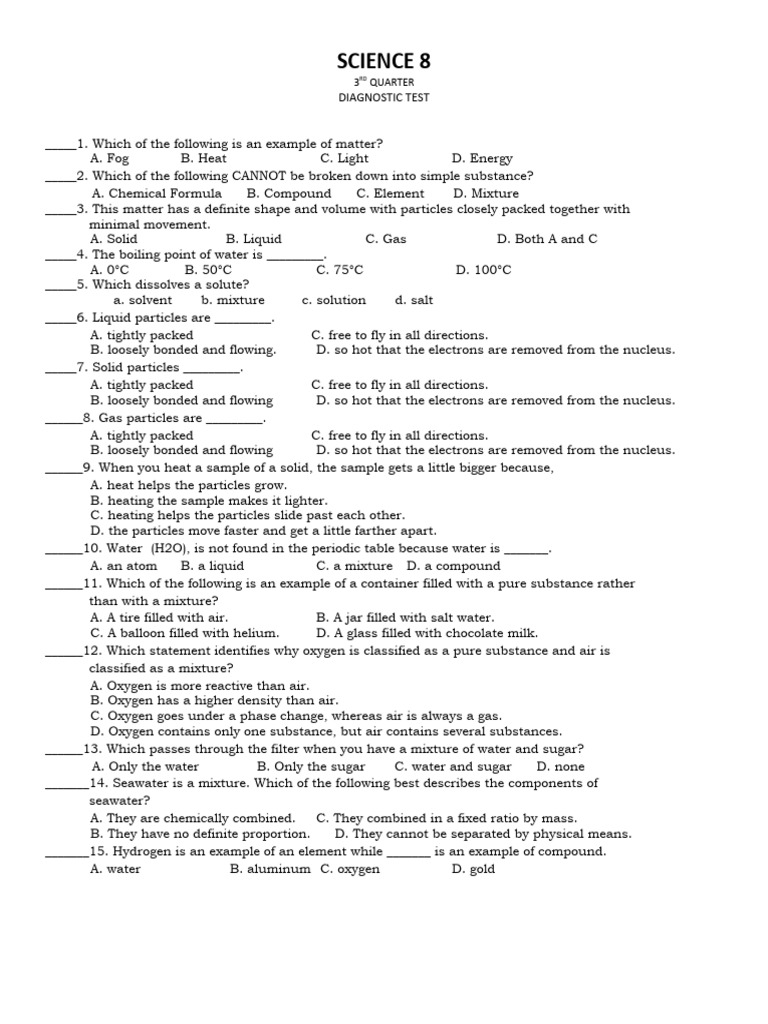 SCIENCE 8-3RD QUARTER-Diagnostic Test | PDF | Mixture | Water