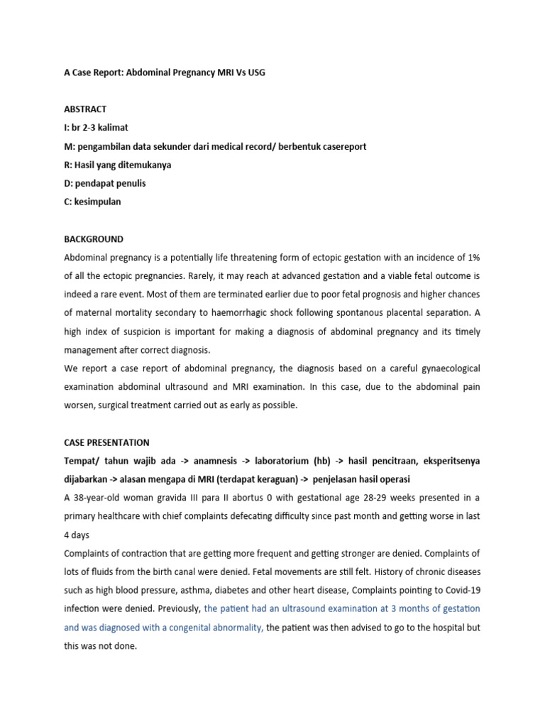 A Case Report Abdominal Pregnancy MRI Vs USG Revised | PDF | Medical ...