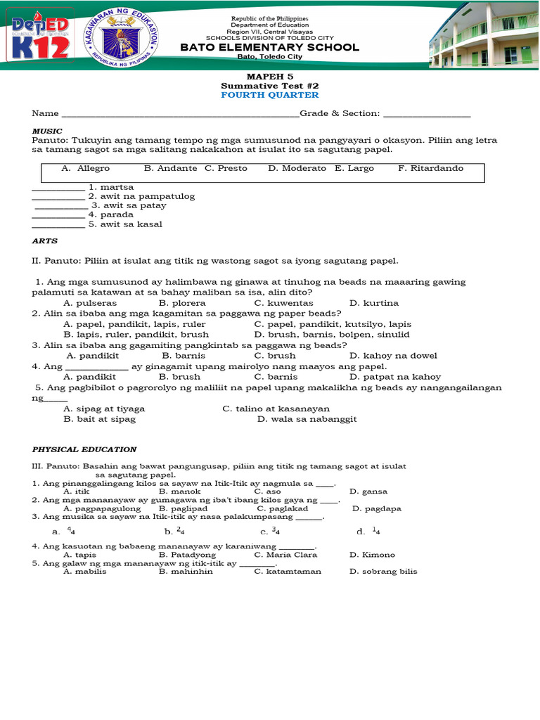 MAPEH5 Q4 2nd SUMMATIVE | PDF