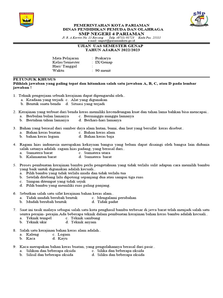 Soal Ujian Uas Prakarya KLS 9 2023 | PDF