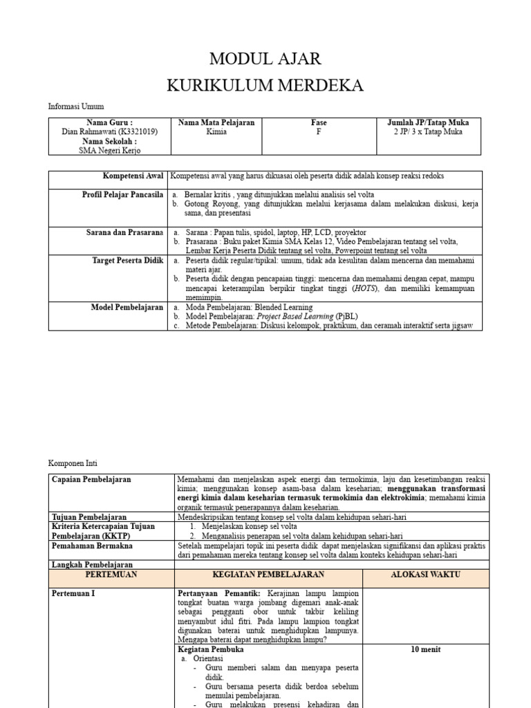 Modul Ajar Sel Volta | PDF