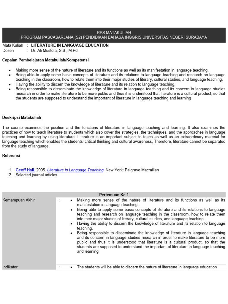 RPS Matakuliah Literature in Language Education Pasca 2020 | PDF | Language Education | Knowledge