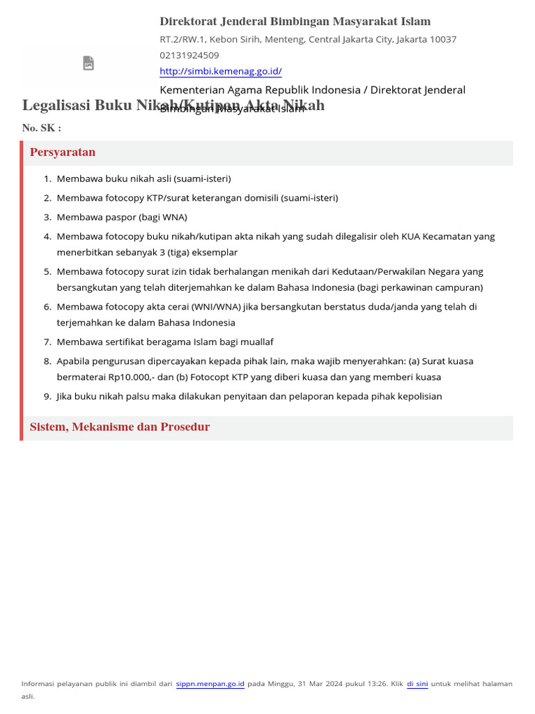 Unduh Standar Pelayanan - Legalisasi Buku Nikah Kutipan Akta Nikah | PDF