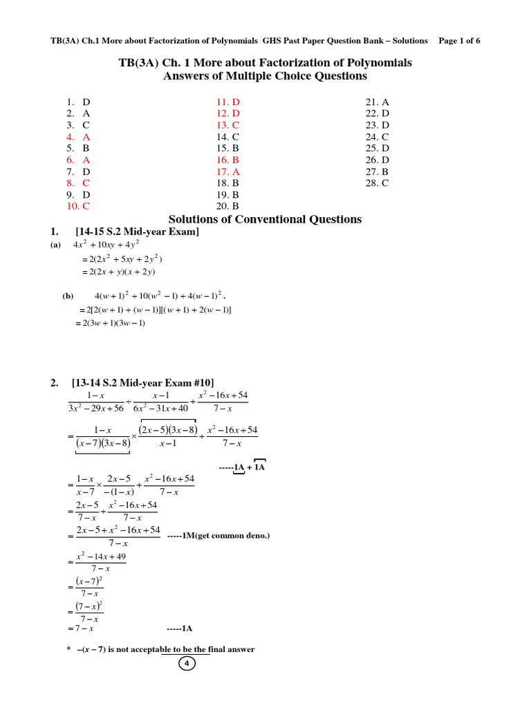 (14-19) 3A-Ch.1-More About Factorization of Polynomials - ANS | PDF