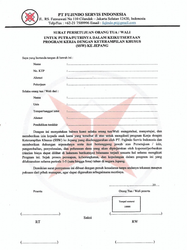 Form Ijin Orangtua LPK Fujindo | PDF