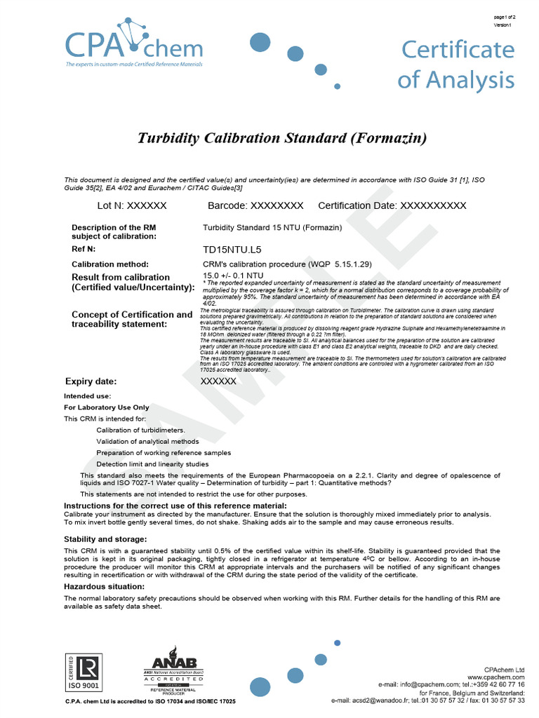 CoA - TD15NTU.L5 Turbidity Calibration Standard (Formazin) | PDF ...
